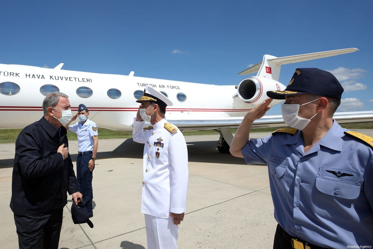 Turkish National Defense Minister Hulusi Akar at Turkish Naval Command ...