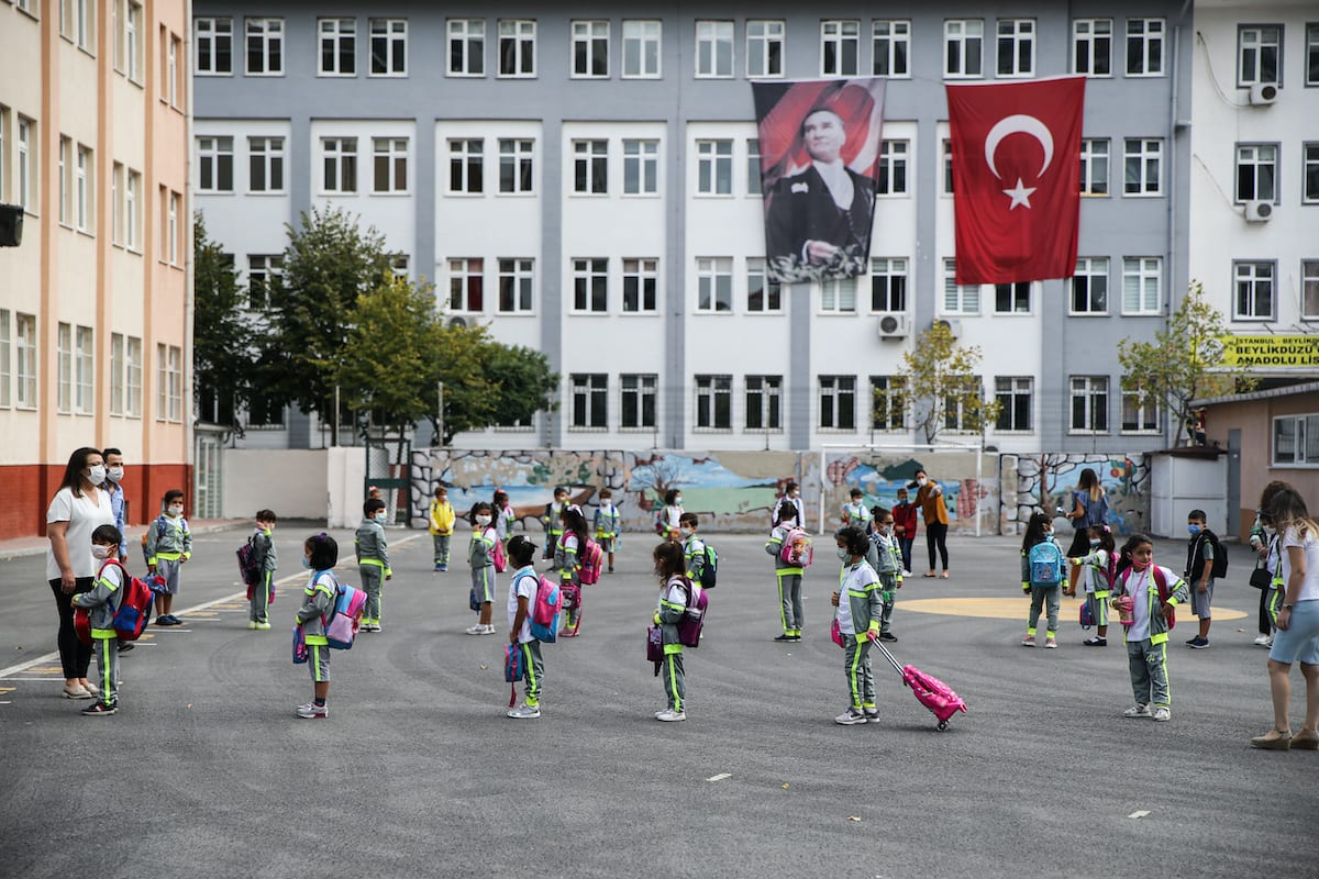 ISTANBUL, TURKEY – SEPTEMBER 21: Students return the classroom after ...
