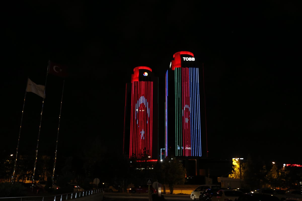 TOBB Twin Towers in Ankara illuminated with flags of Turkey and ...