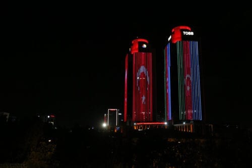 TOBB Twin Towers in Ankara illuminated with flags of Turkey and ...