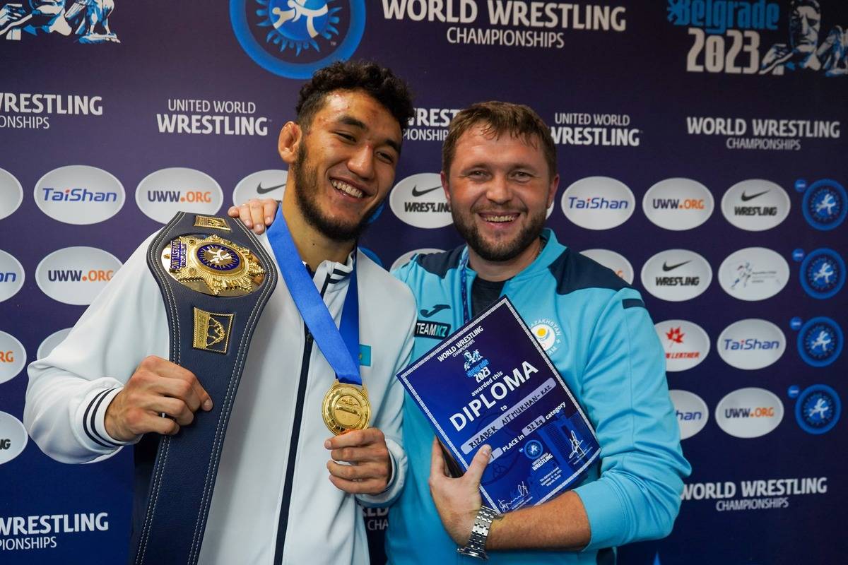 Kazakh wrestler Aitmukhan clinches his country’s first-ever world championship title in men’s ...